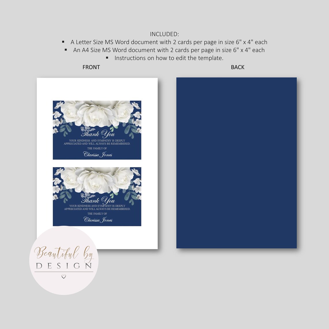 Thank You Card With White Roses in Loving Memory Sympathy - Etsy