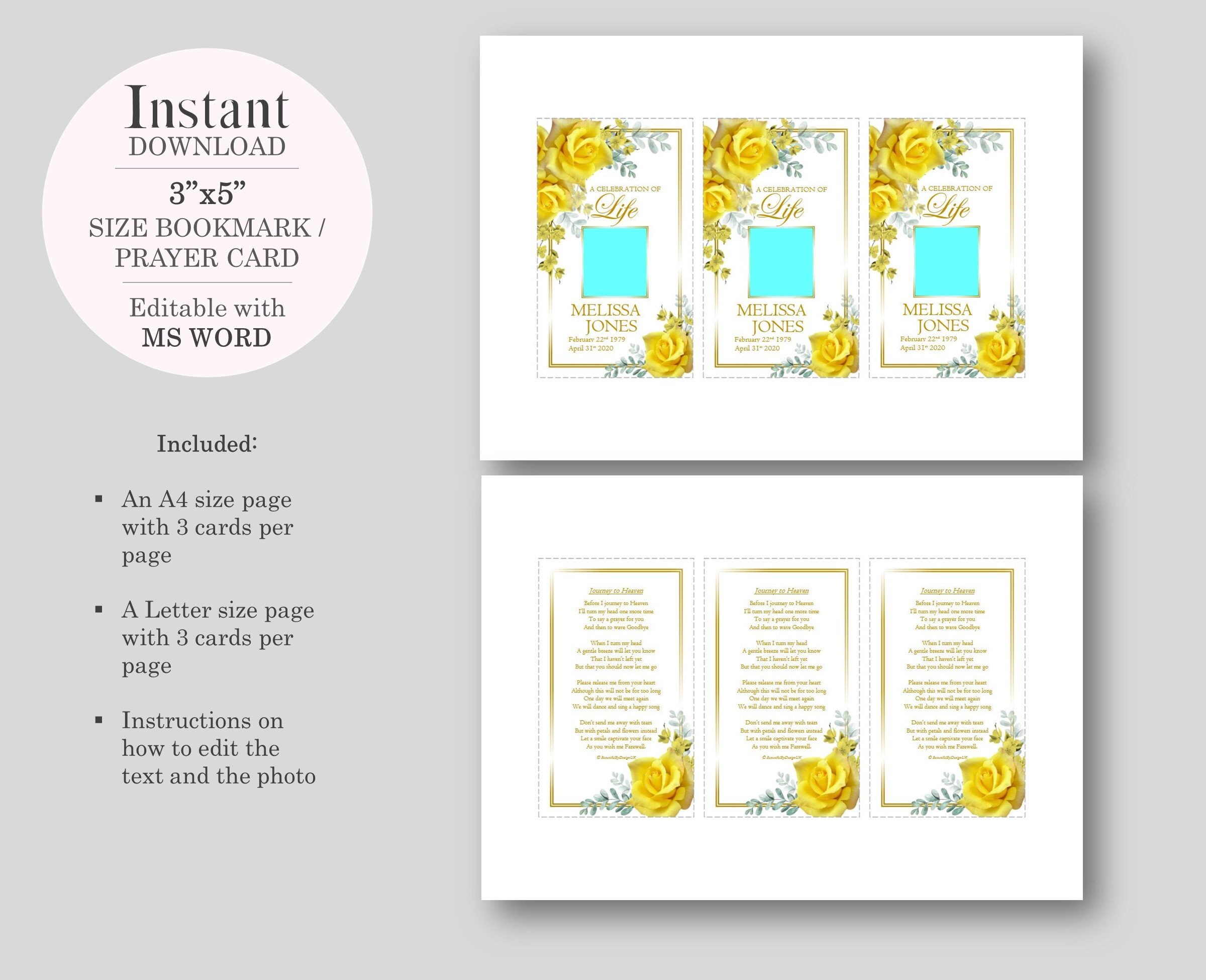Yellow Flowers Funeral Prayer Card/bookmark With Photo in - Etsy