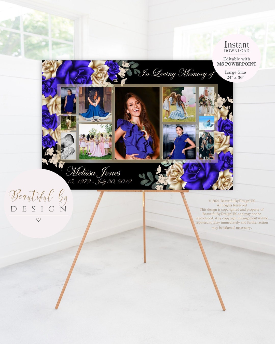 Royal Blue and Gold Flowers Memorial Photo Collage Template, Large ...