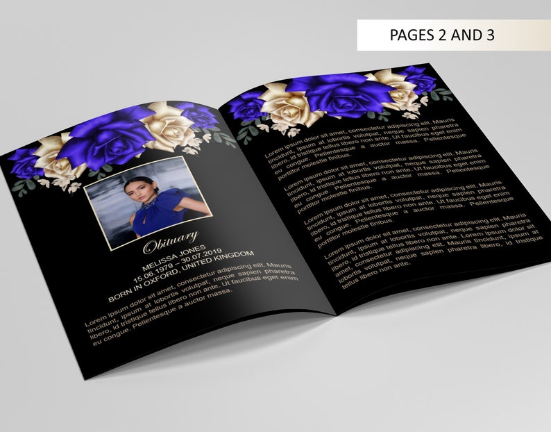 8 Page Royal Blue and Gold Flowers Background Funeral Program Template ...