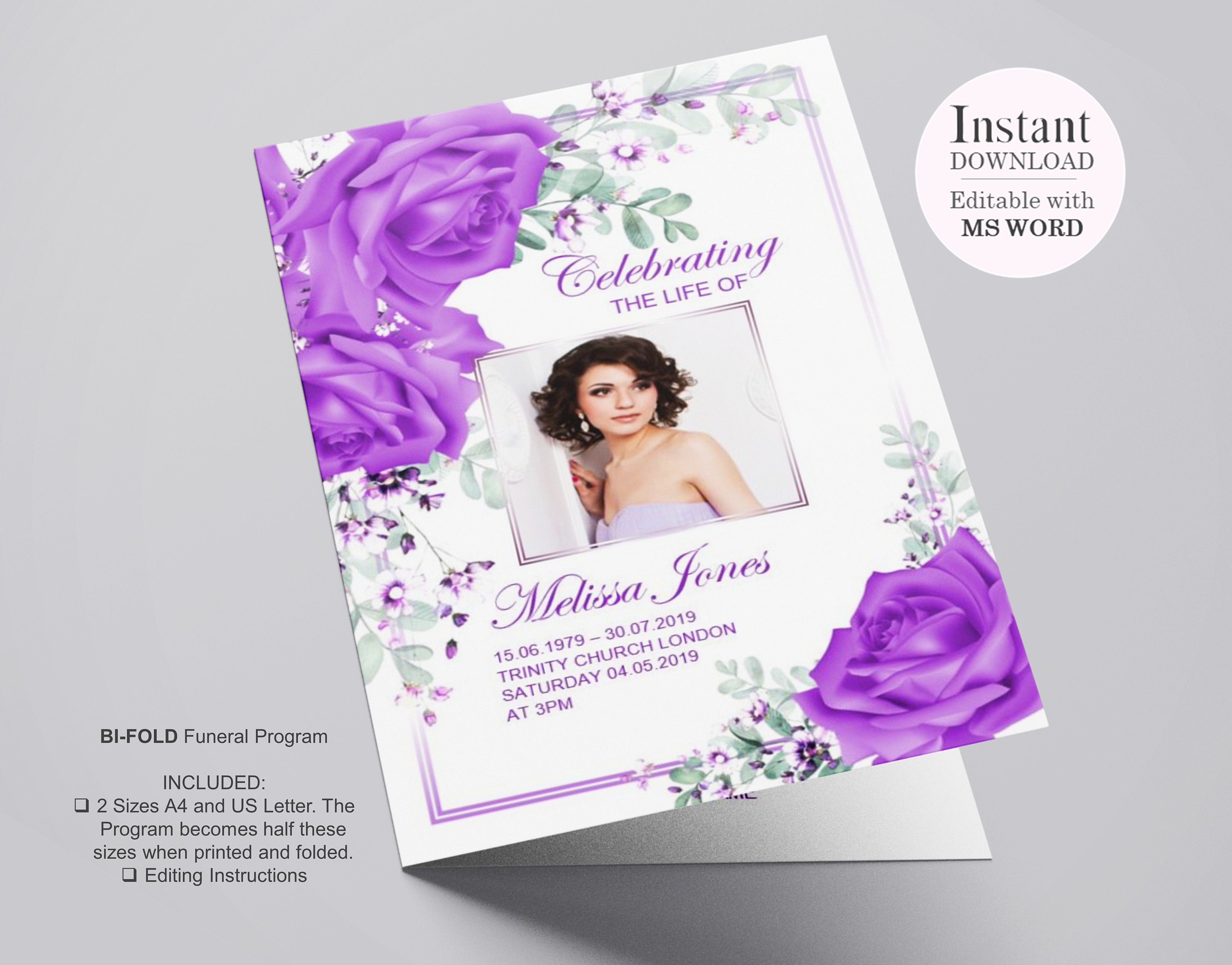 4 Page Lilac Flowers Funeral Program Template, Celebration of Life ...