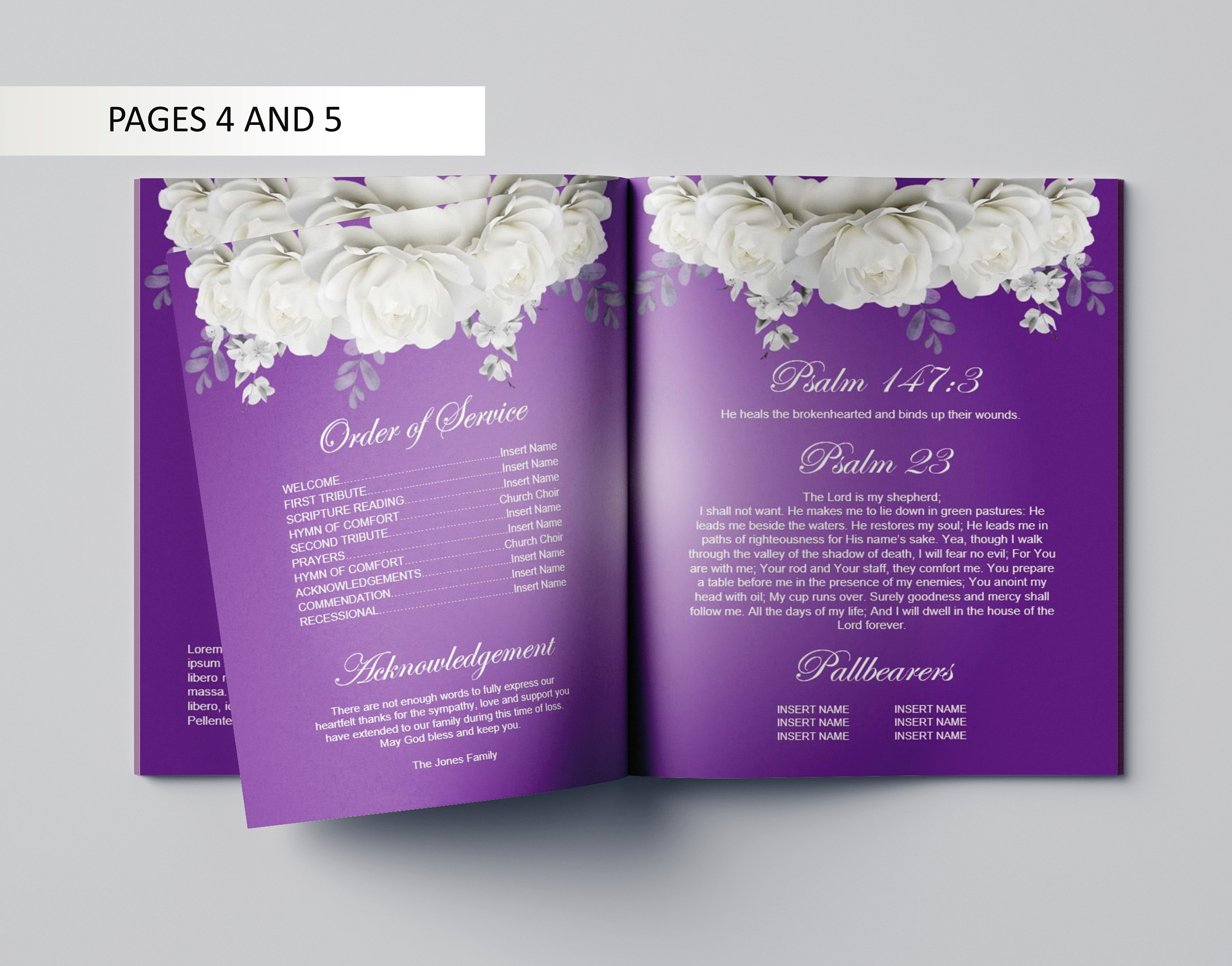8 Page White Flowers Purple Background Funeral Program - Etsy