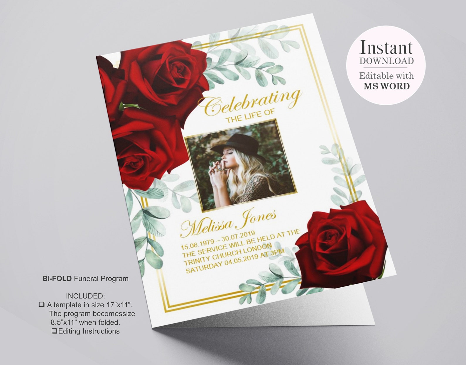 BI-FOLD Red Roses Funeral Program Template Celebration of - Etsy