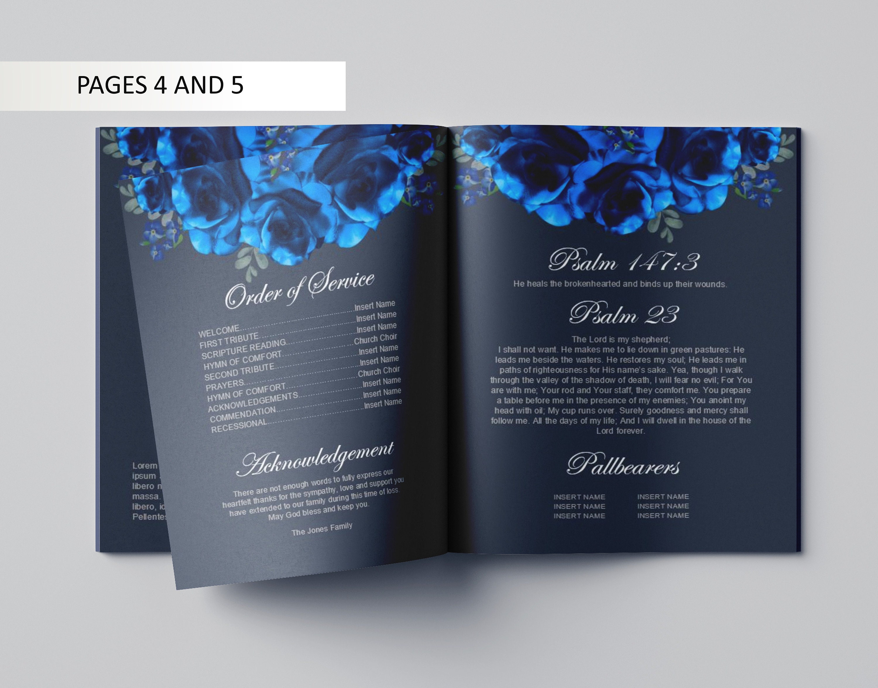 8 Page Blue Flowers Funeral Program Template in Tabloid Size | Etsy