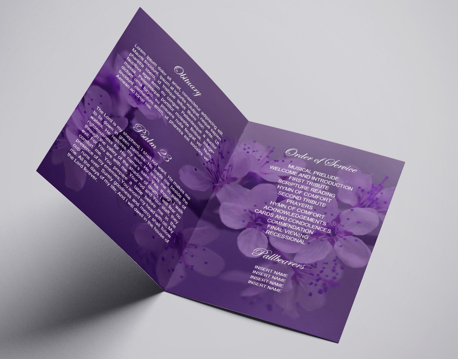 4 Page Purple Flowers Funeral Program Template for Women, Celebration ...