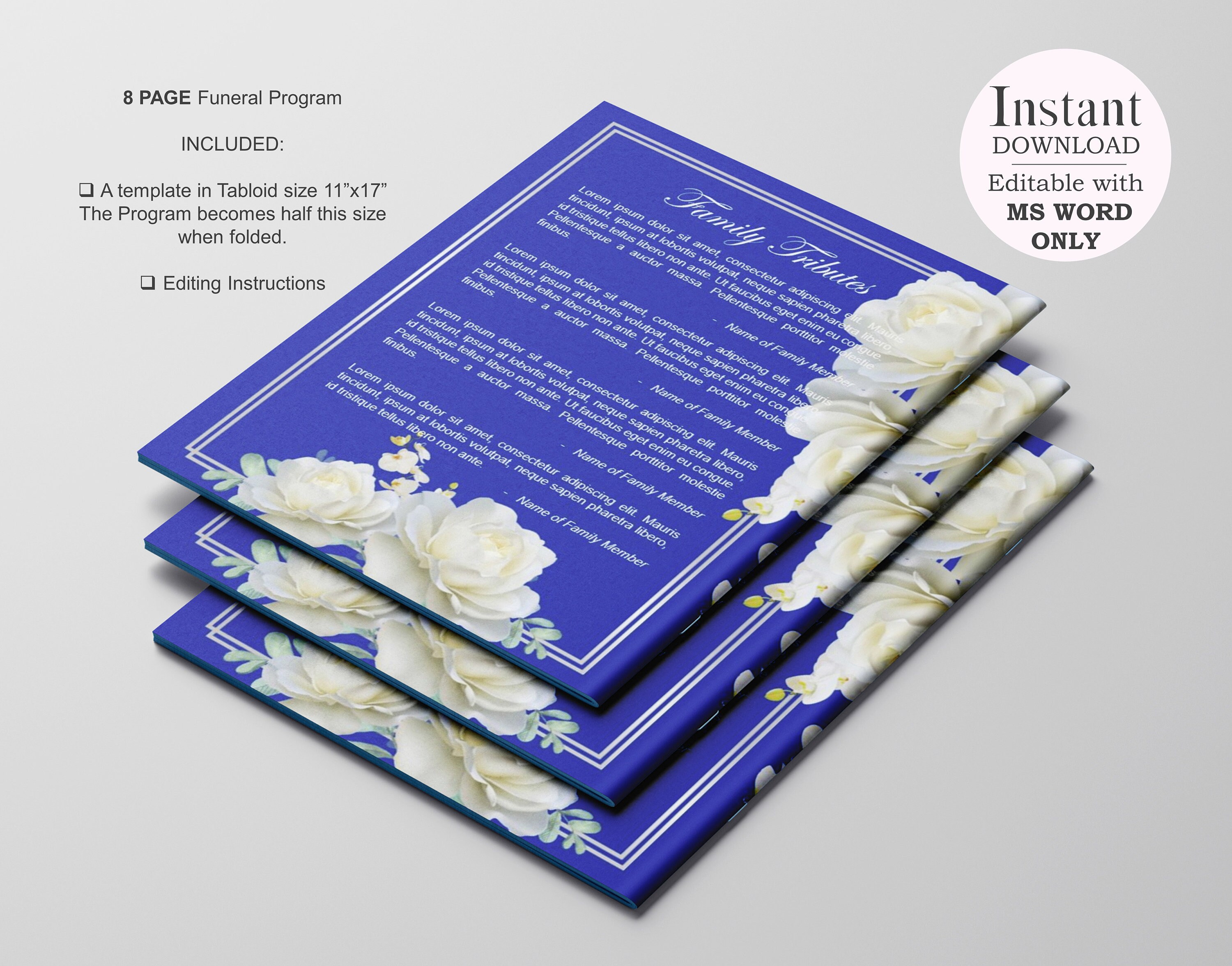 8 Page White Flowers Royal Blue Background Funeral Program Template in ...