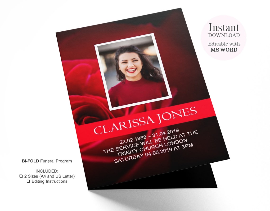 4 Page Red Rose Funeral Program Template for Women - Etsy