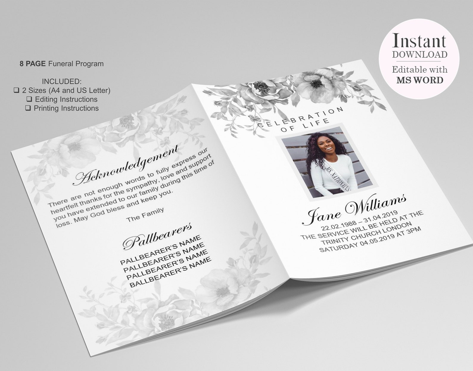 8 Page Floral Funeral Program Template for Women, Celebration of Life ...