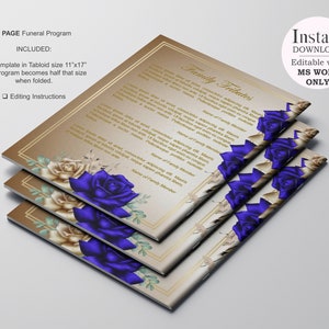 8 Page Gold and Royal Blue Roses Funeral Program Template in Tabloid ...