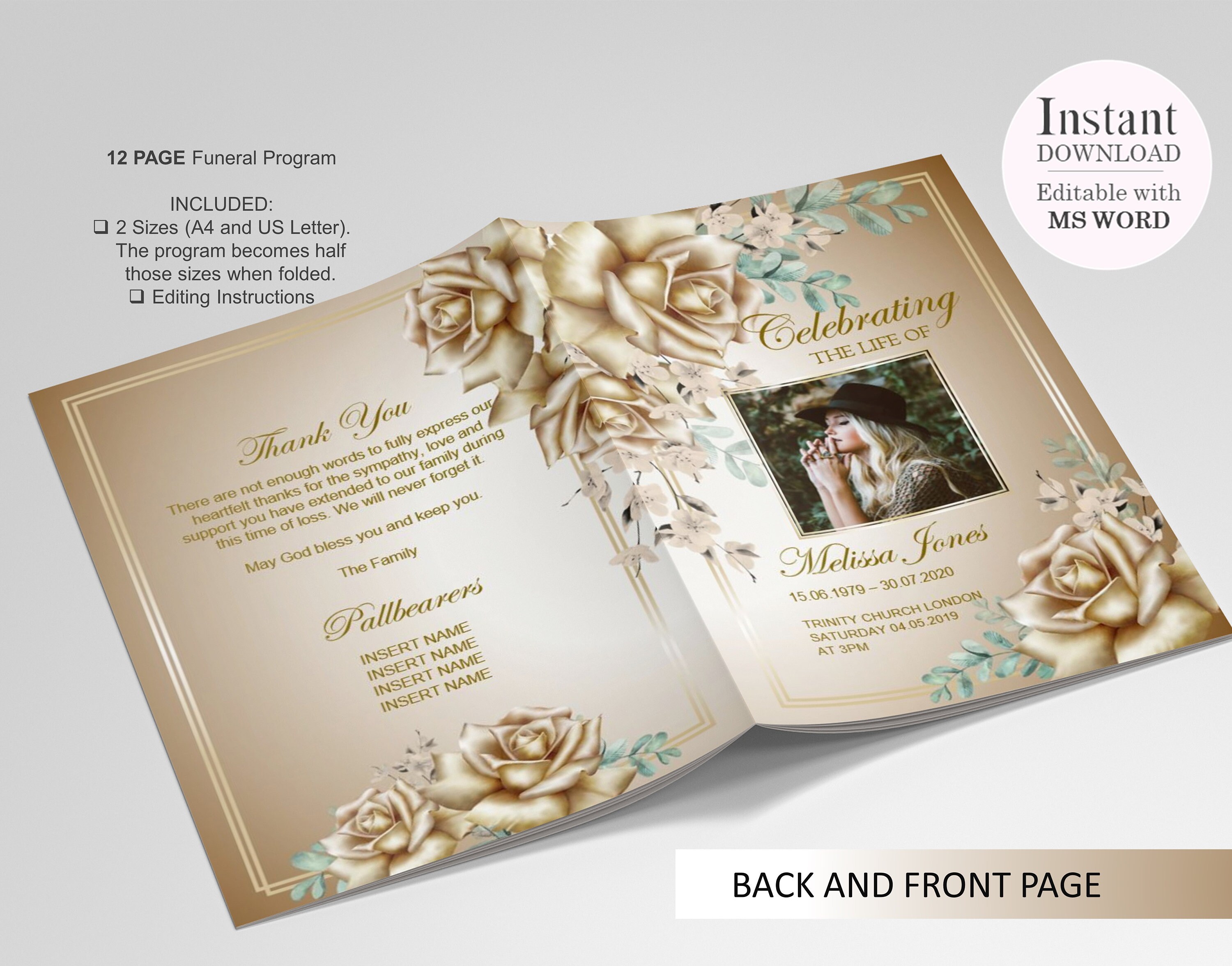12 Page Gold Flowers Funeral Program Template Celebration of | Etsy