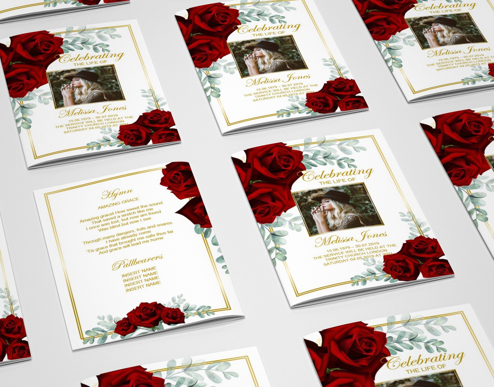 8 Page Red Roses Funeral Program Template, Celebration of Life ...