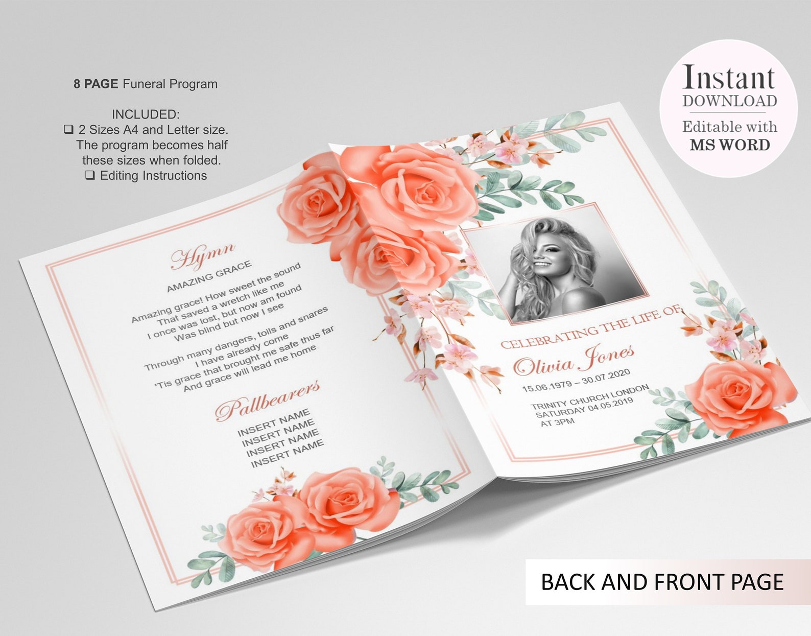 8 Page Peach / Orange Flowers Funeral Program Template, Celebration of ...