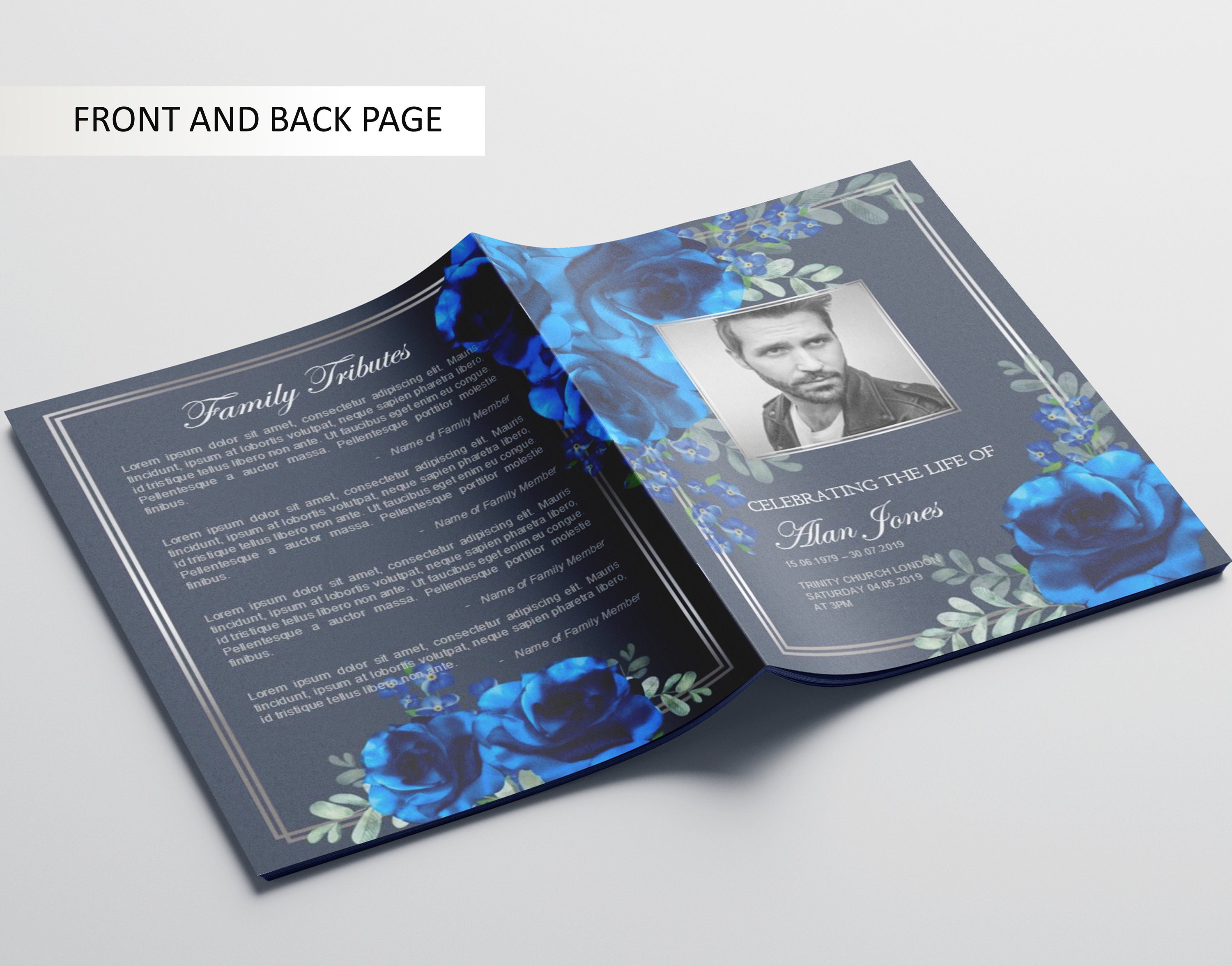 8 Page Blue Flowers Funeral Program Template in Tabloid Size - Etsy