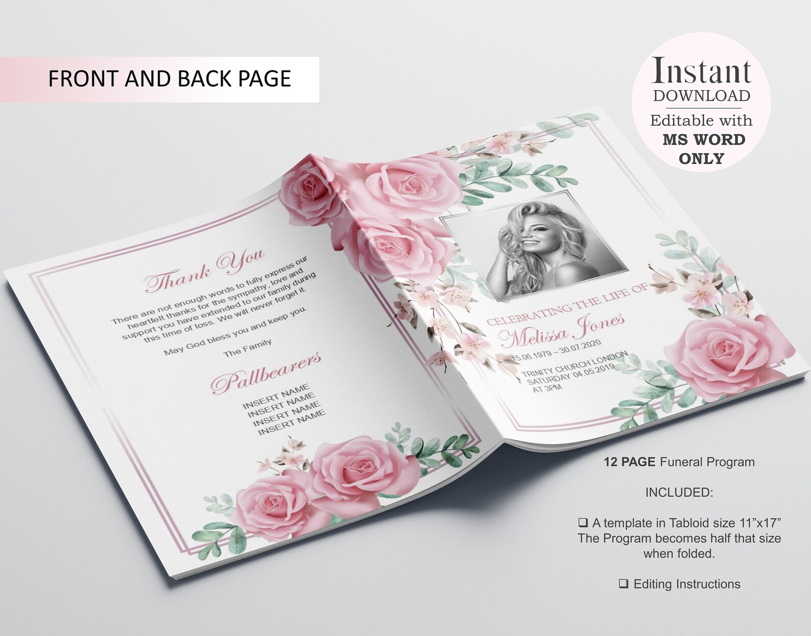 12 Page Pink Flowers Funeral Program Template Celebration of - Etsy