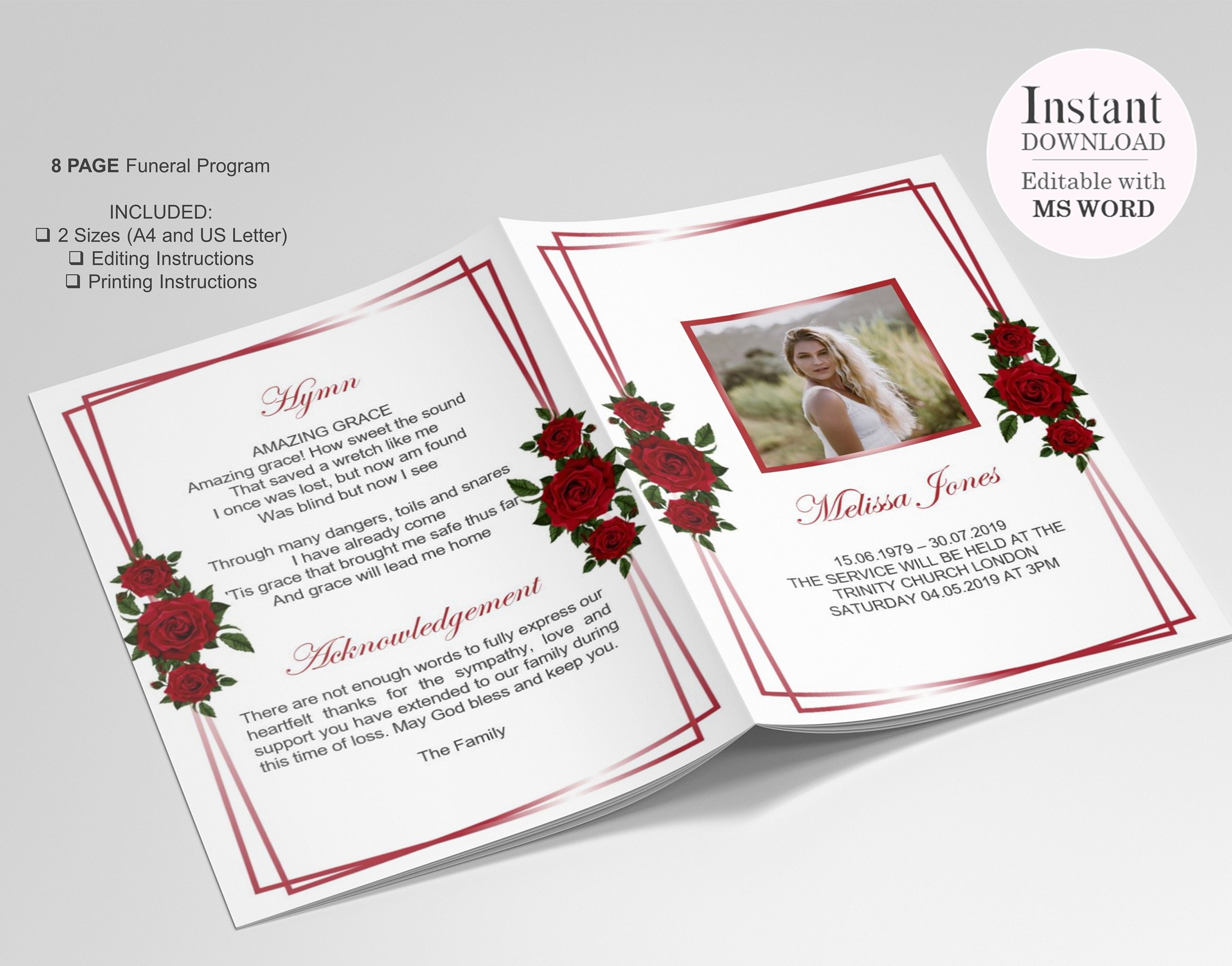 8 Page Red Roses Funeral Program Template Celebration of - Etsy France