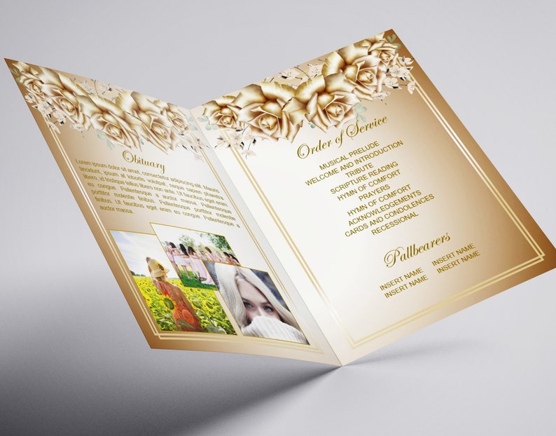 BI-FOLD Gold Funeral Program Template, Celebration of Life, Obituary ...