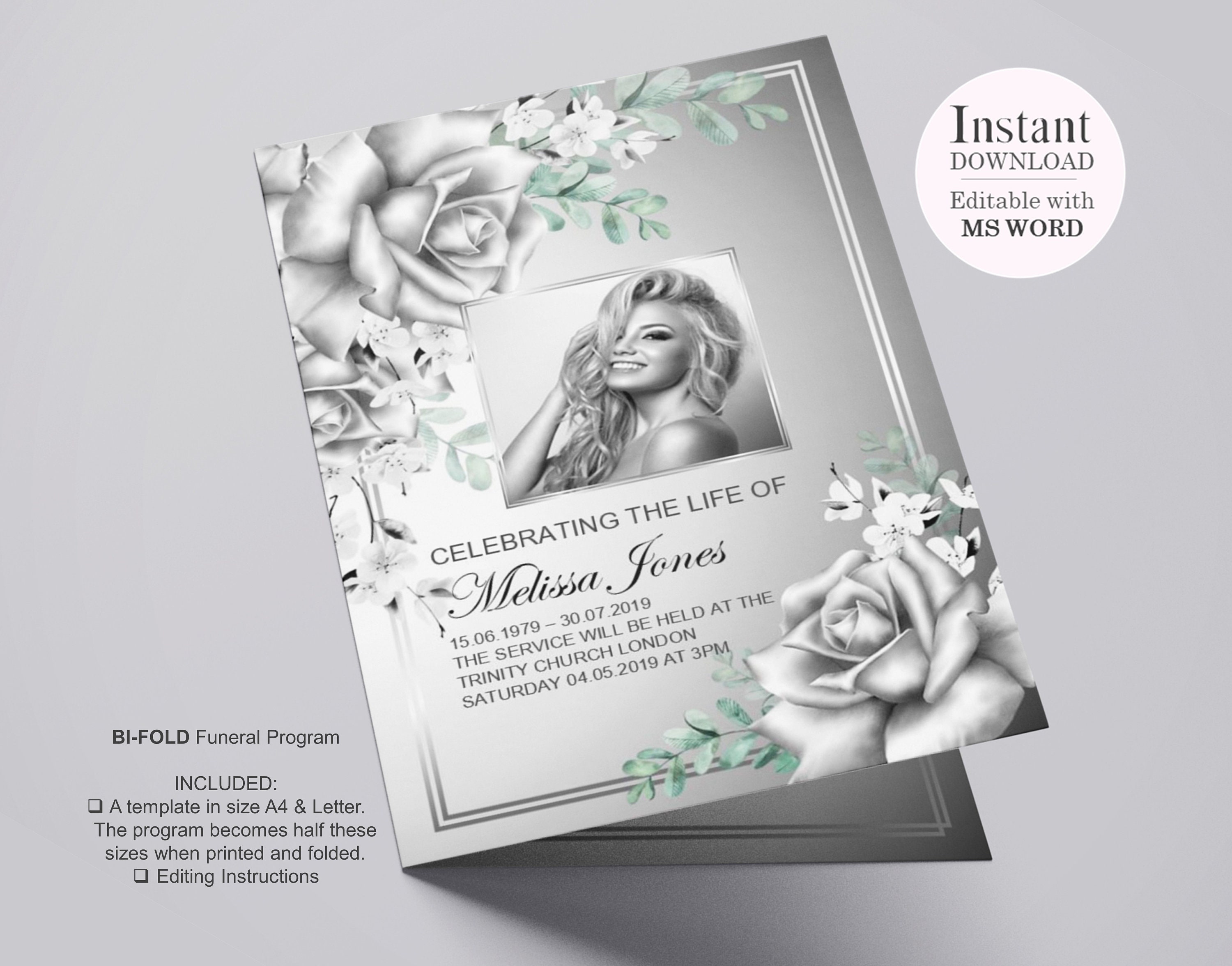 4 Page Silver Flowers Funeral Program Template Celebration of | Etsy