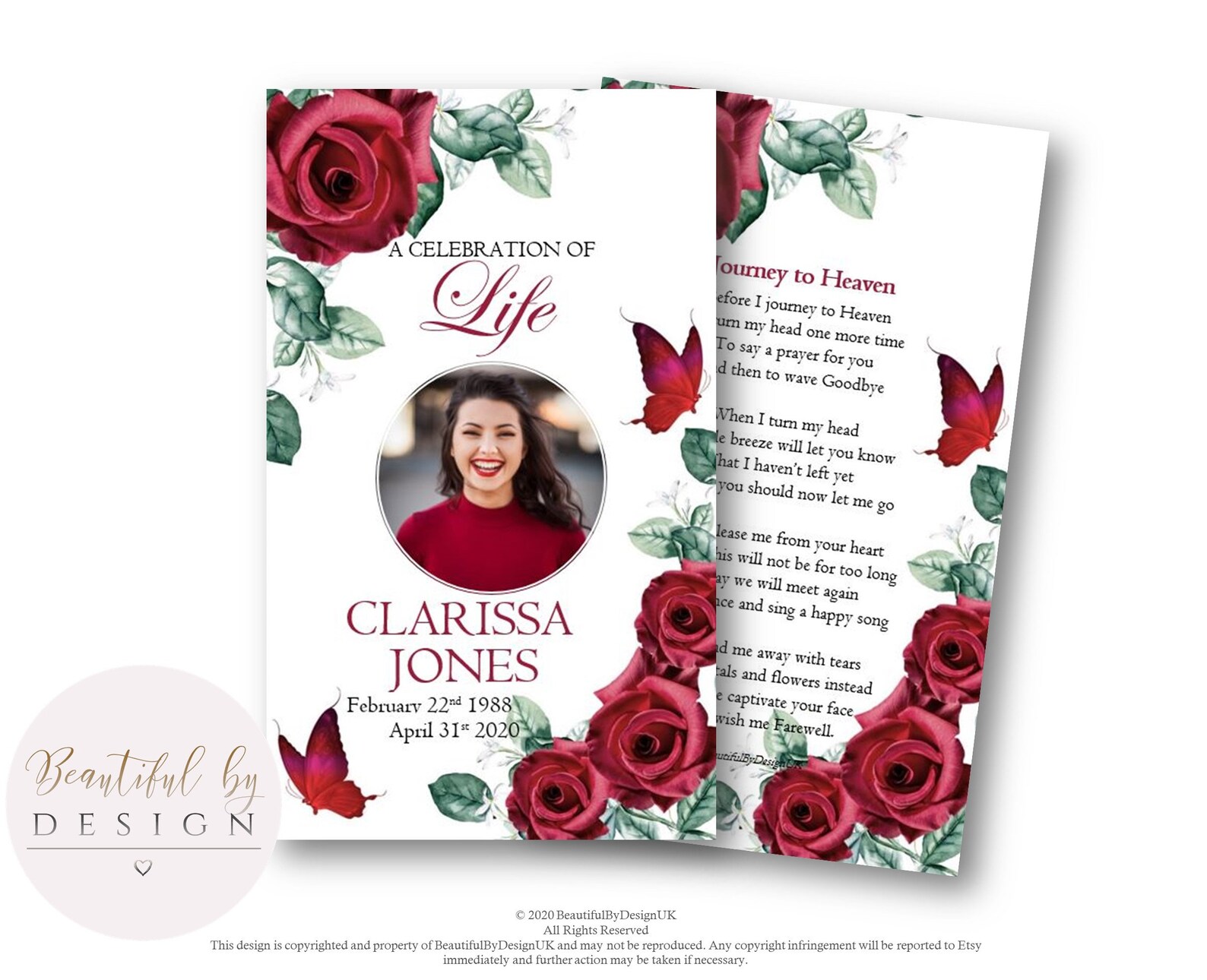 Red Roses Funeral Prayer Card/bookmark With Photo in Loving - Etsy