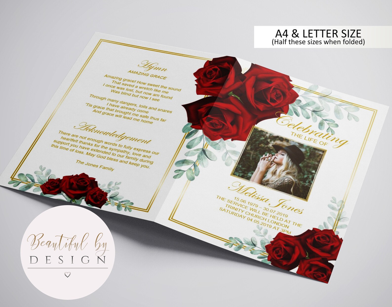 4 Page Red Gold Funeral Program Template Celebration of Life | Etsy UK