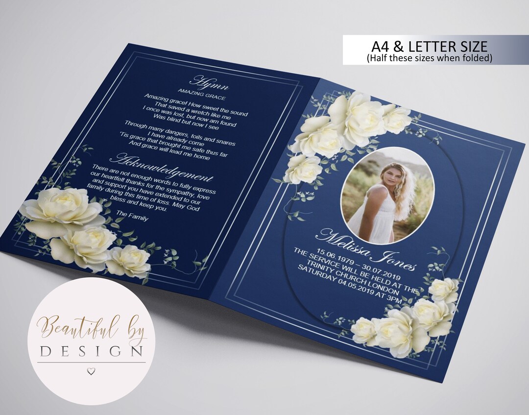 4 Page Elegant Navy Funeral Program Template, Celebration of Life ...