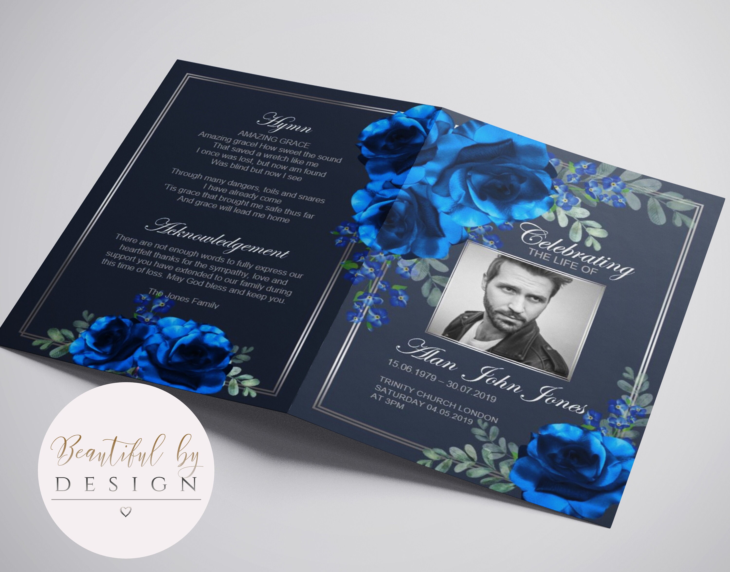 4 Page Blue Rose Silver Writing Funeral Program Template | Etsy
