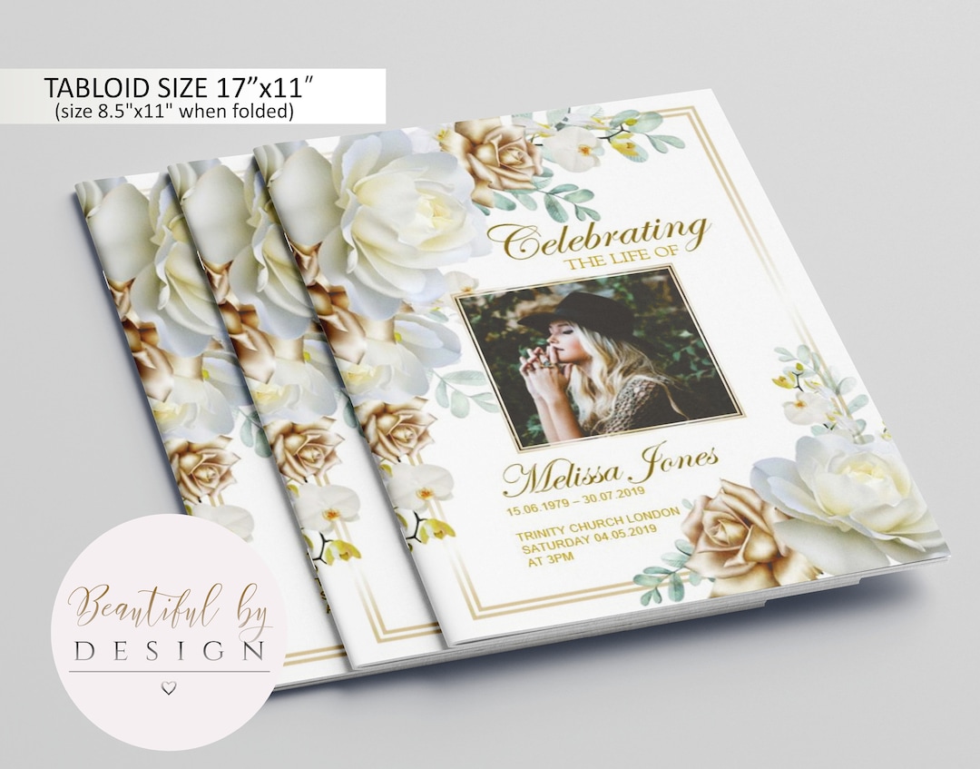 8 Page Gold and White Roses Funeral Program Template in Tabloid Size 11 ...