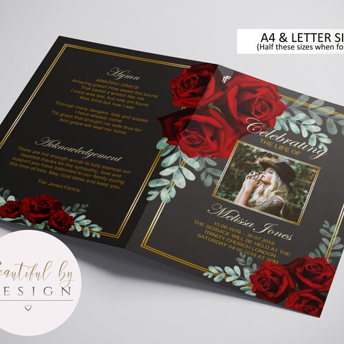 BI-FOLD Red Roses Funeral Program Template Celebration of - Etsy
