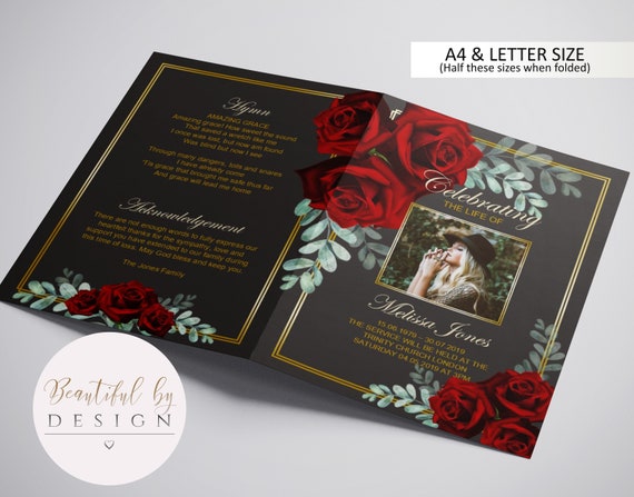 4 Page Red Gold Funeral Program Template Celebration of Life - Etsy