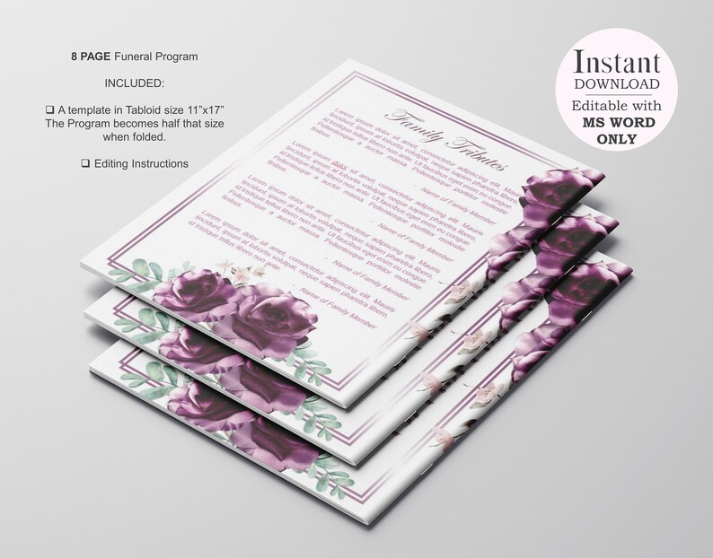 8 Page Purple Funeral Program Template in Tabloid Size - Etsy