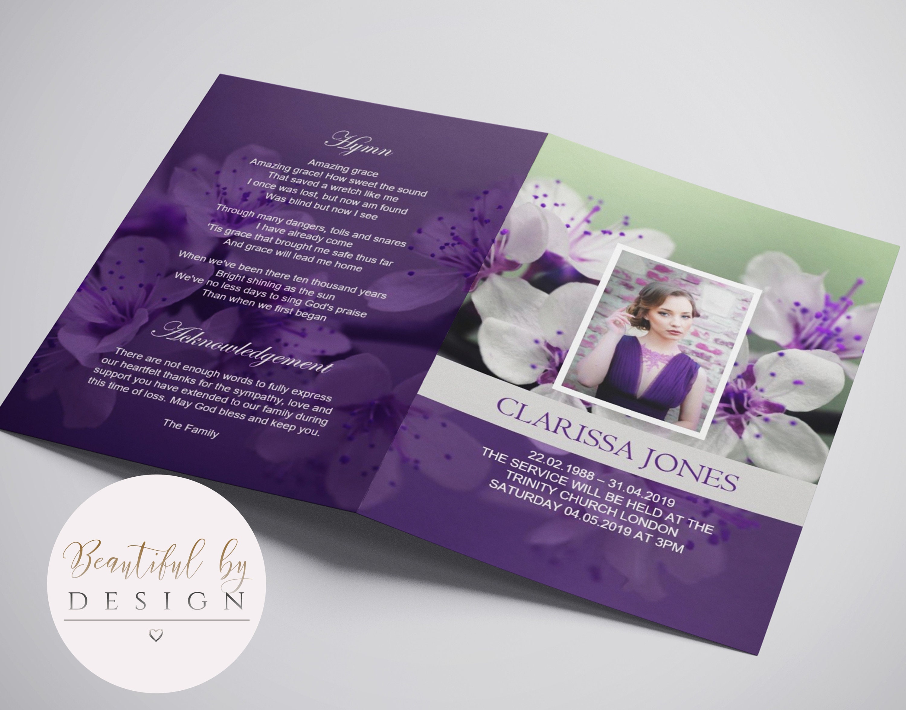 4 Page Purple Flowers Funeral Program Template for Women - Etsy