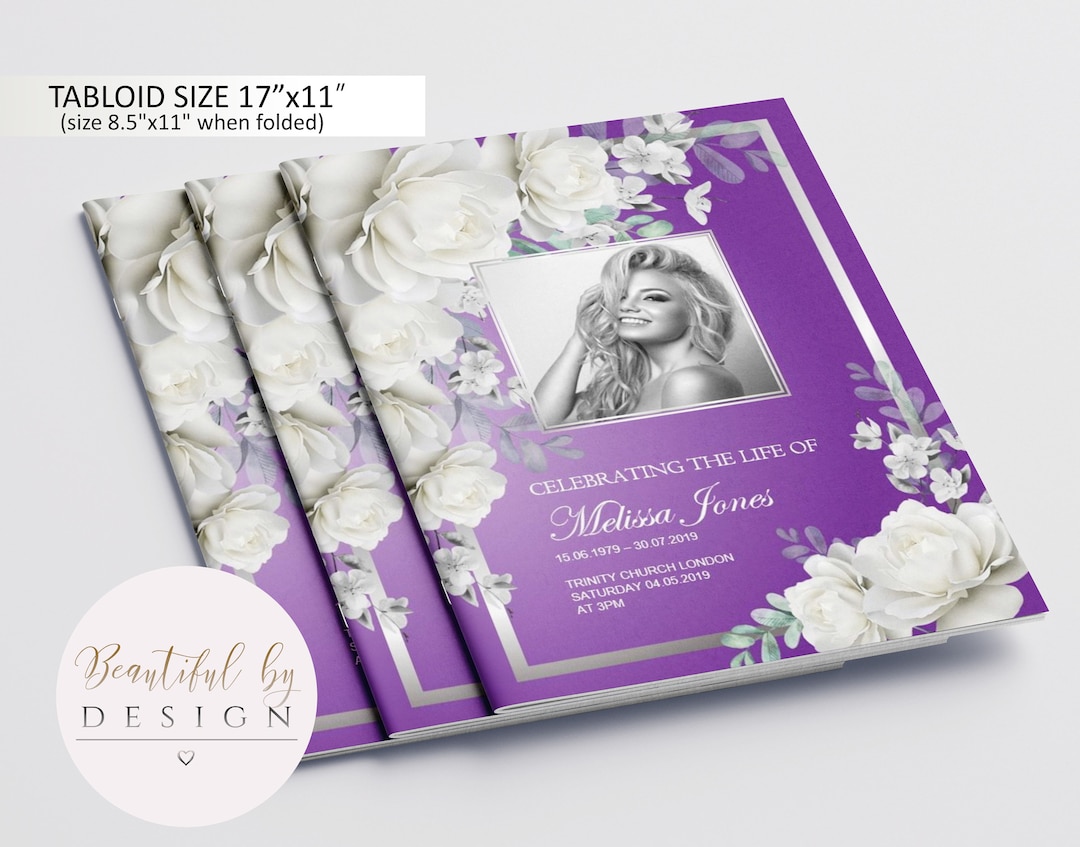 8 Page White Flowers Purple Background Funeral Program Template in ...
