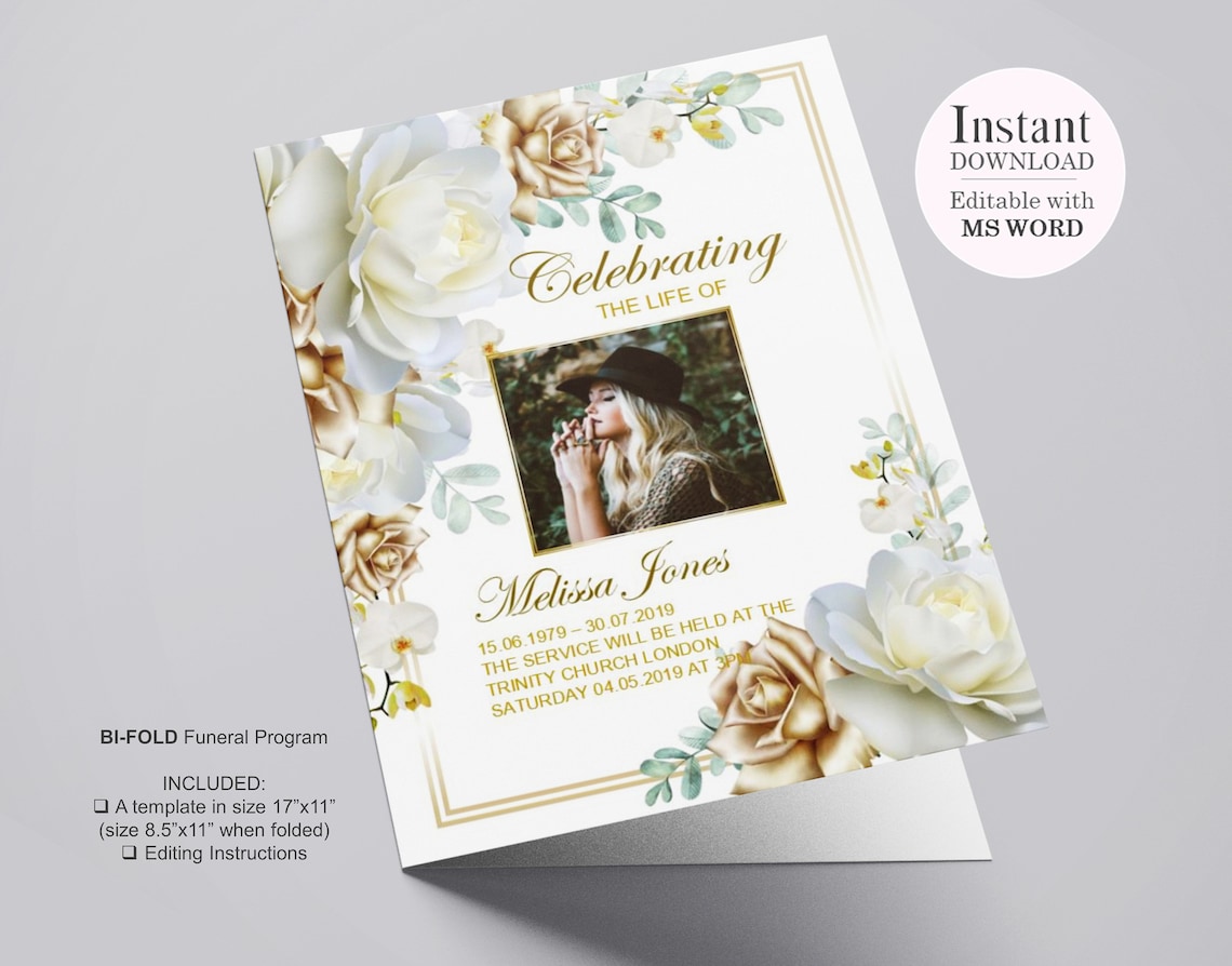 4 Page Gold and White Roses Funeral Program Template - Etsy