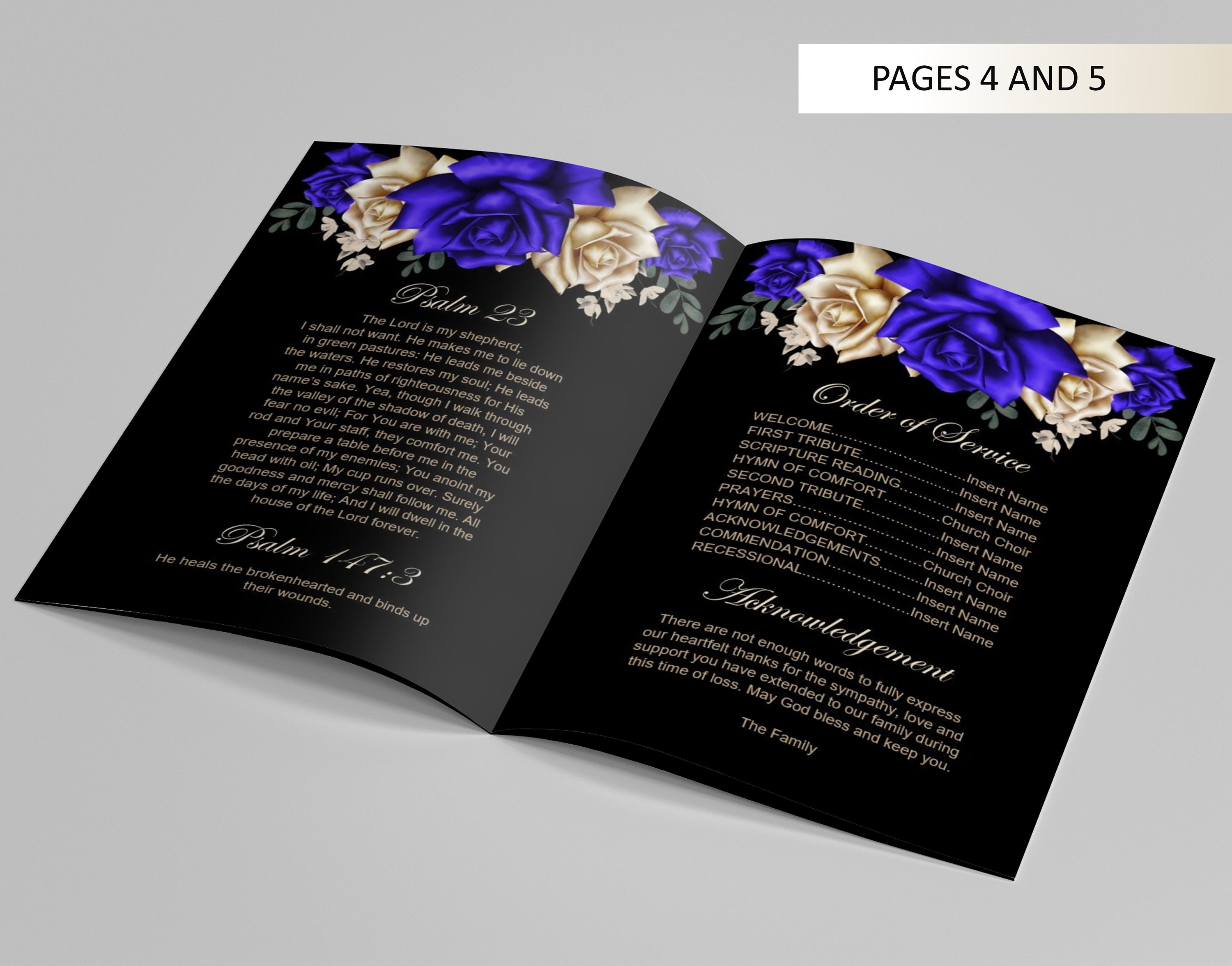 8 Page Royal Blue and Gold Flowers Background Funeral Program Template ...