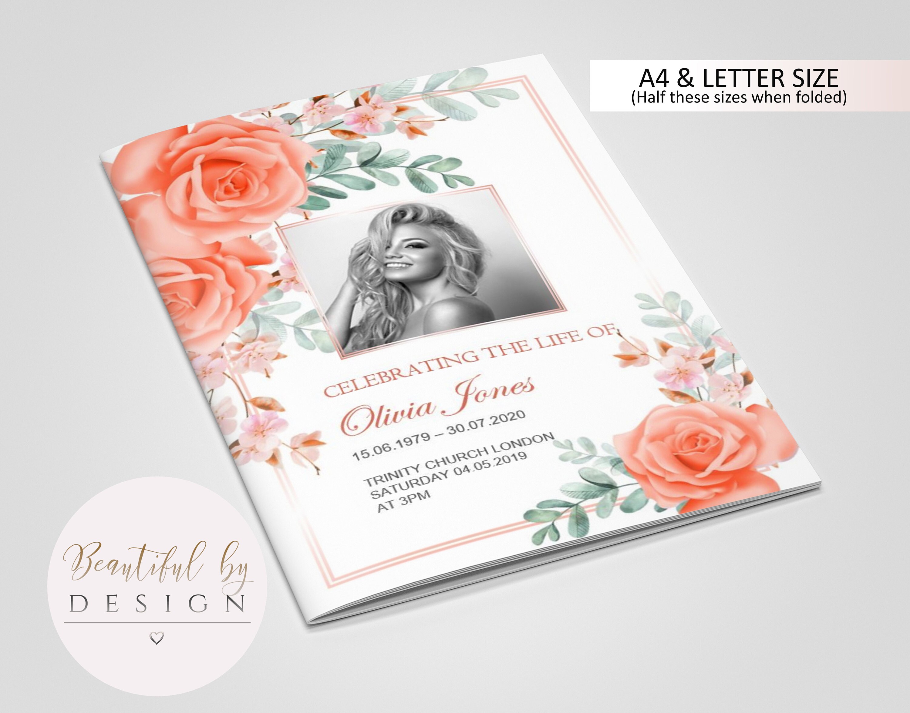8 Page Peach / Orange Flowers Funeral Program Template - Etsy
