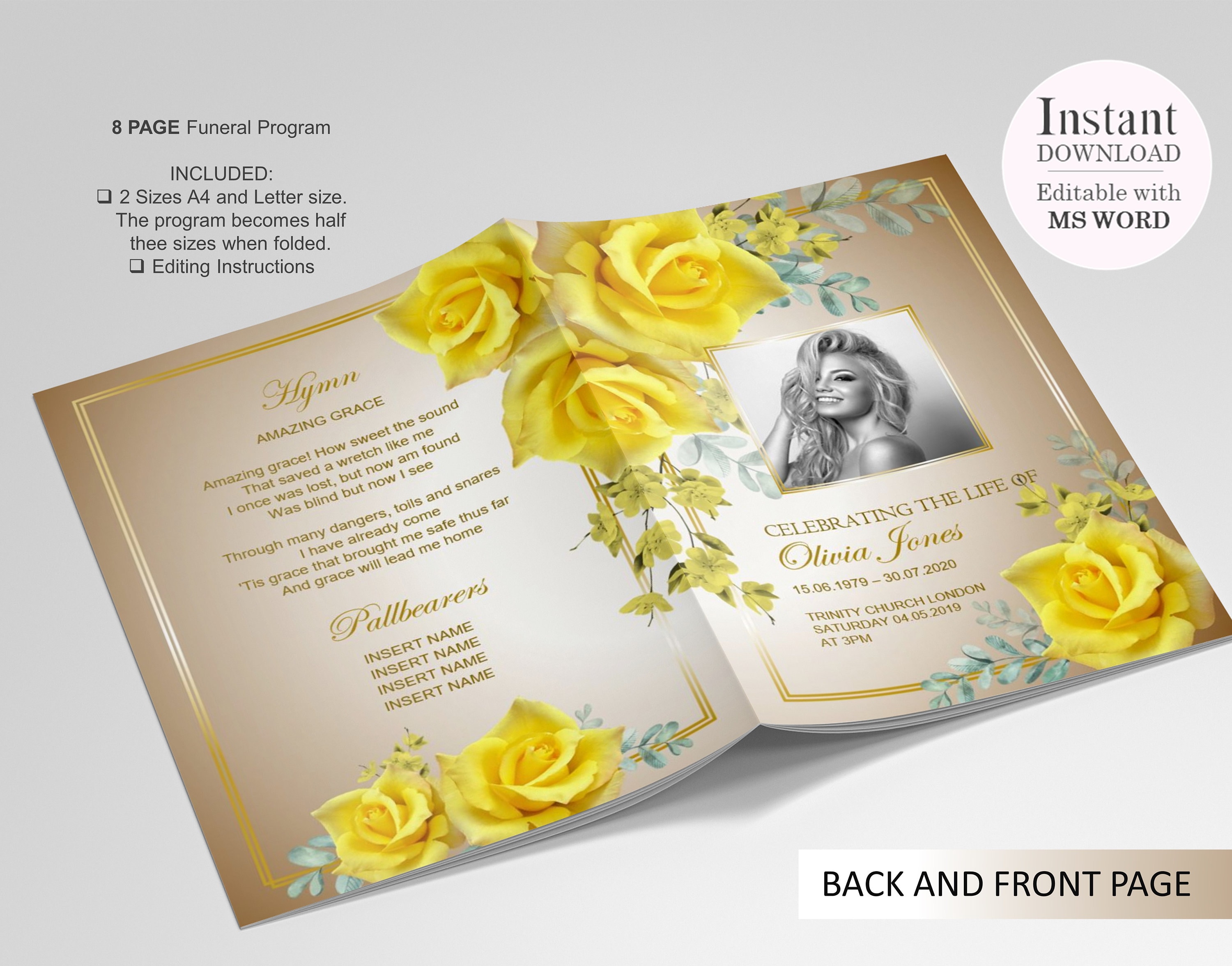 8 Page Yellow Flowers Funeral Program Template, Celebration of Life ...