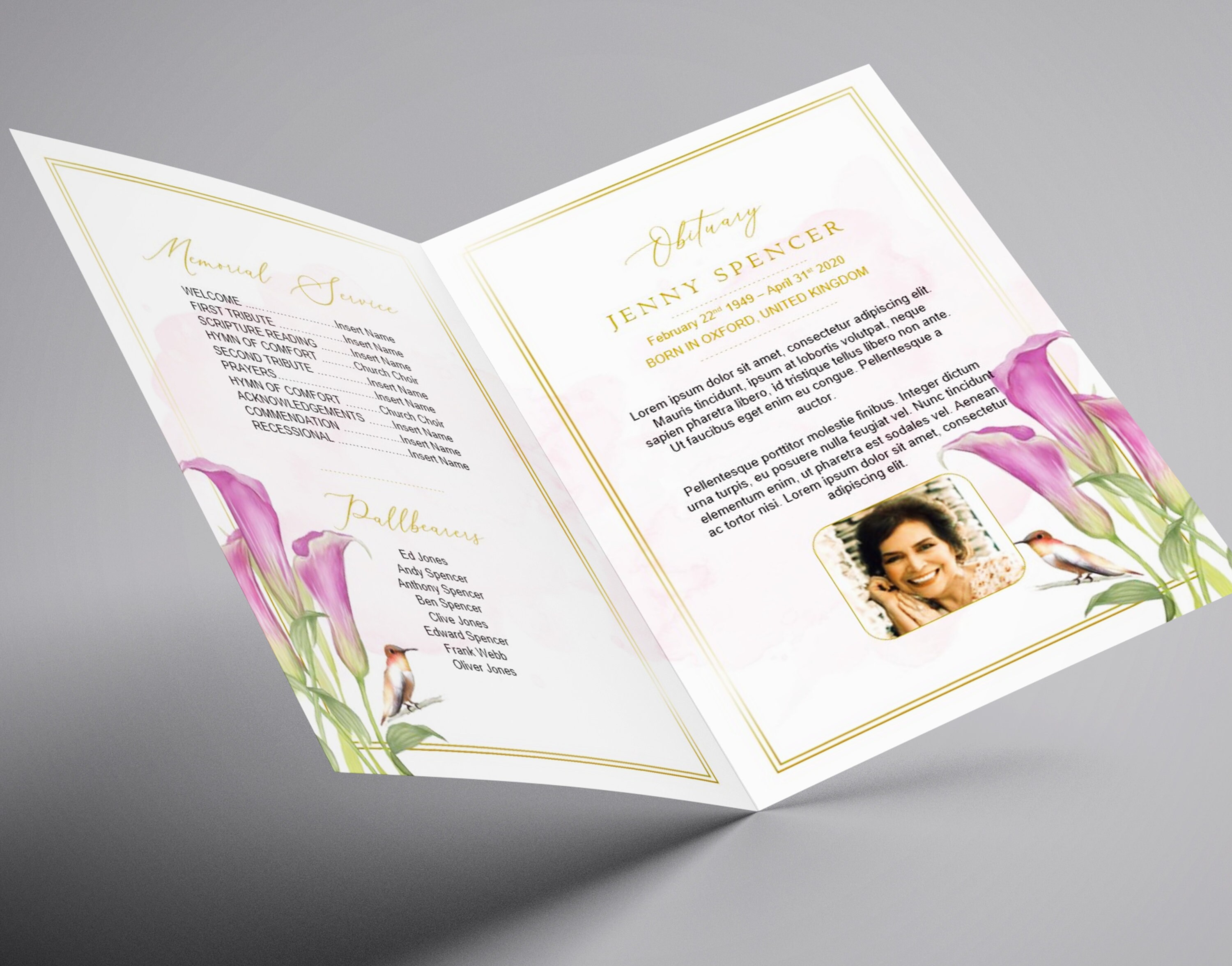 4 Page Lilies and Humming Bird Funeral Program Template | Etsy