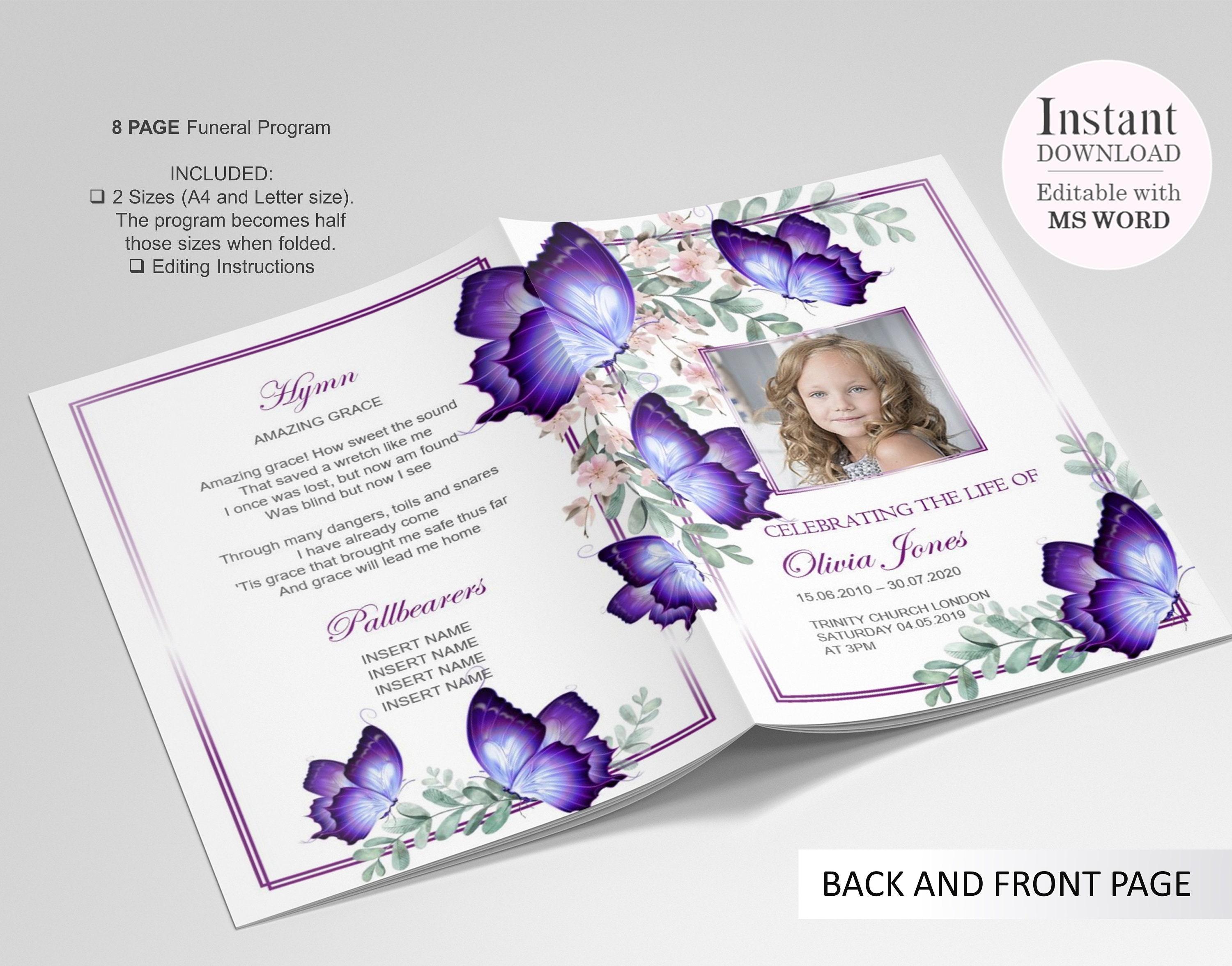 8 Page Blue Butterflies Funeral Program Template for Children | Etsy