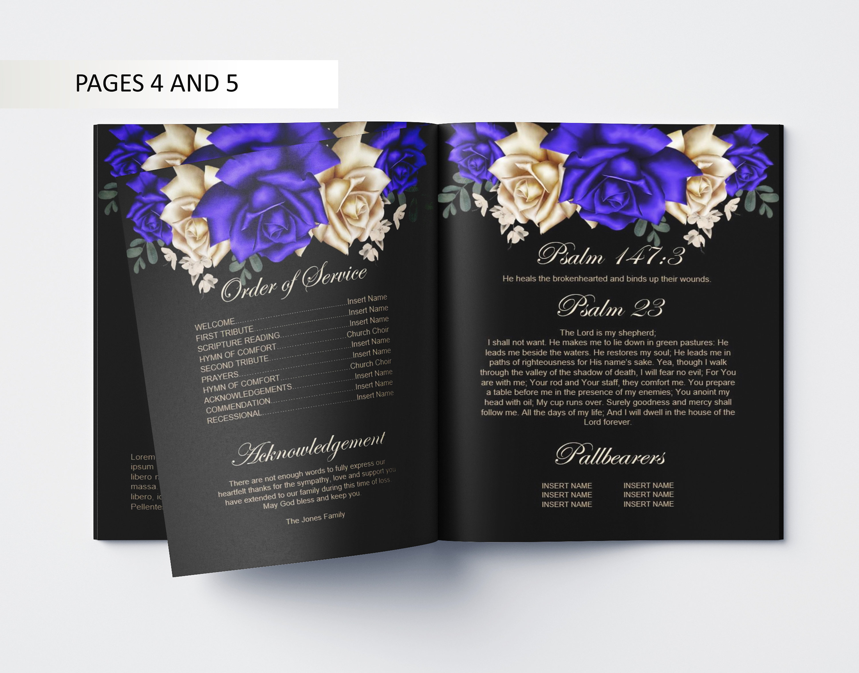 8 Page Royal Blue and Gold Flowers Background Funeral Program - Etsy