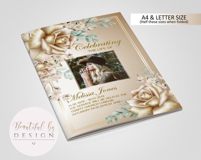 8 Page Gold Flowers Funeral Program Template, Celebration of Life ...