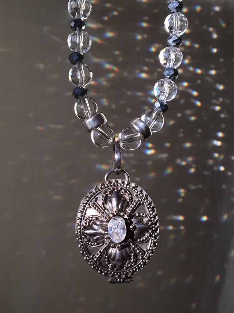 Silver and Crystal Hinged Pill Box/ Locket Necklace - Etsy