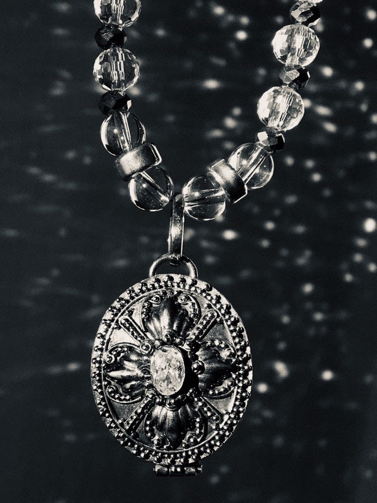 Silver and Crystal Hinged Pill Box/ Locket Necklace - Etsy