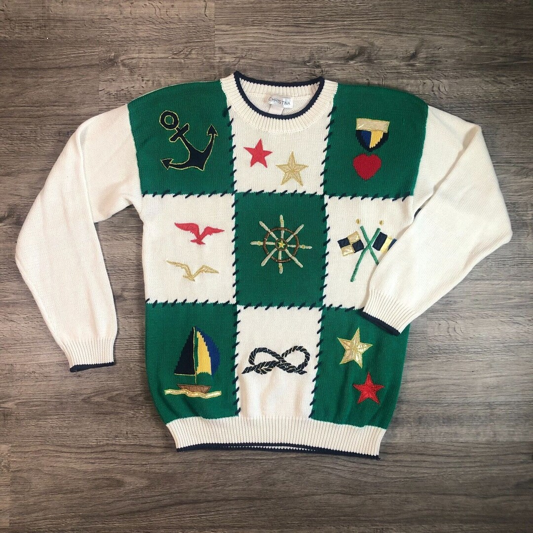 VTG 90s Christina White Green Patchwork Boat Anchor Sea Gulls Ship's ...
