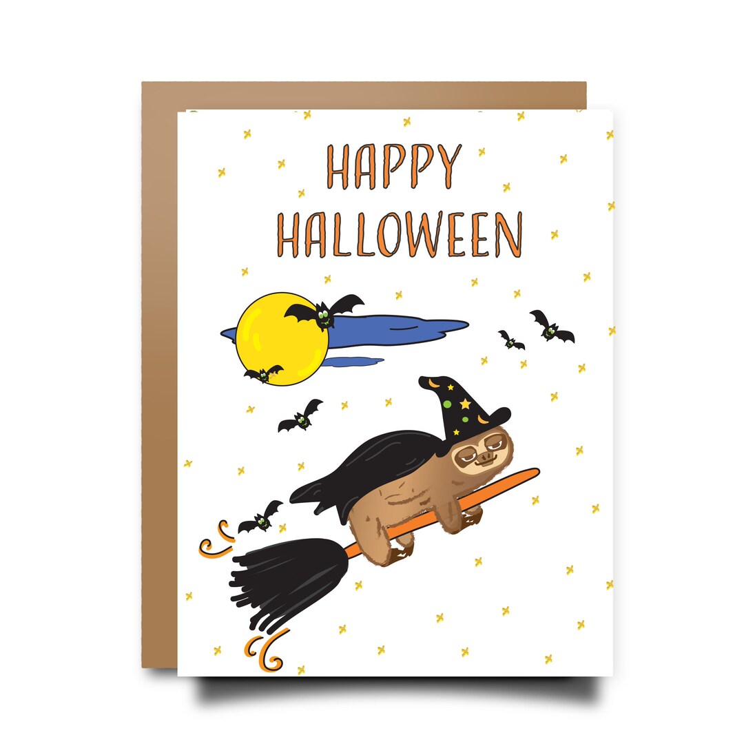 Sloth Halloween Card Witch on a Broom Card Fun Spooky - Etsy