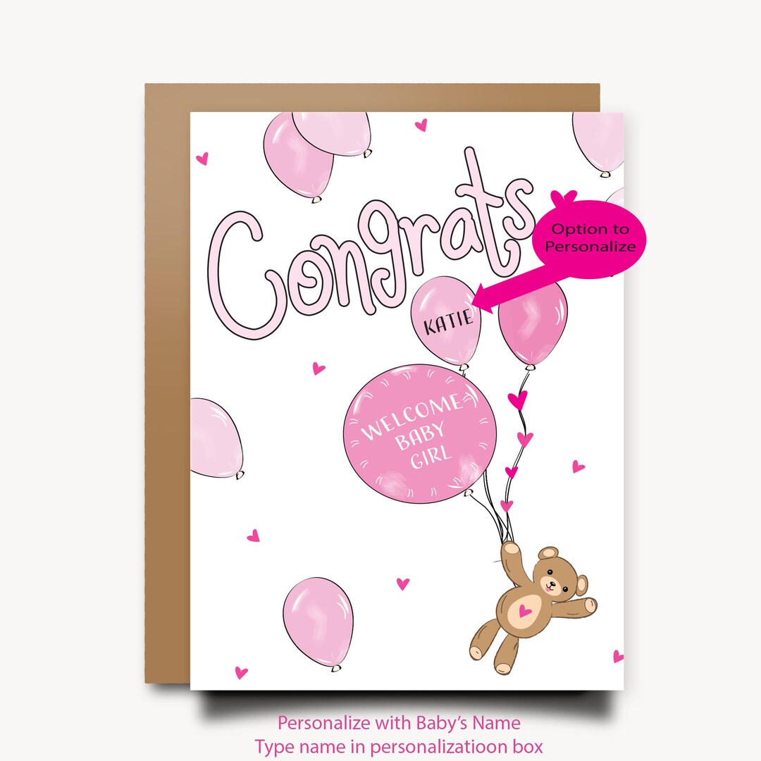 Baby Girl Card Personalized Baby Card Teddybear Baby Card Congrats Mom ...