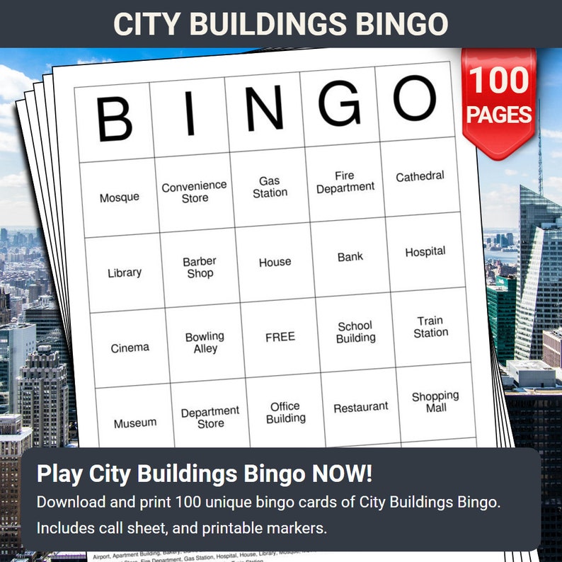 City Buildings Bingo Cards 100 Pages to Download and Print - Etsy