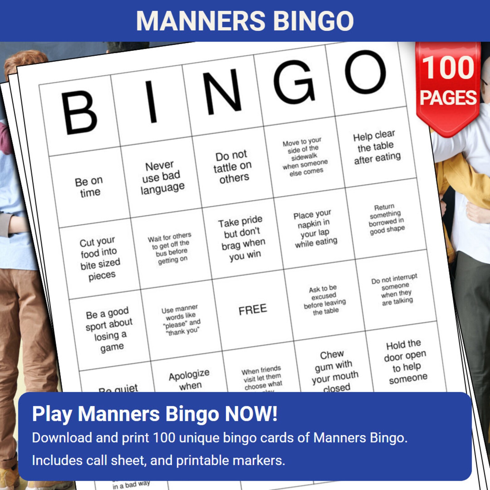 Manners Bingo Cards - 100 Pages to Download and Print - Etsy