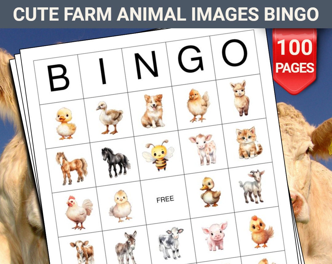 Lindos cartones de bingo con imágenes de animales de granja: 100 ...