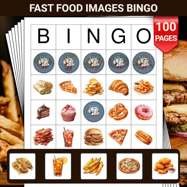 Fast Food Images Bingo Cards - 100 Pages to Download and Print - Etsy