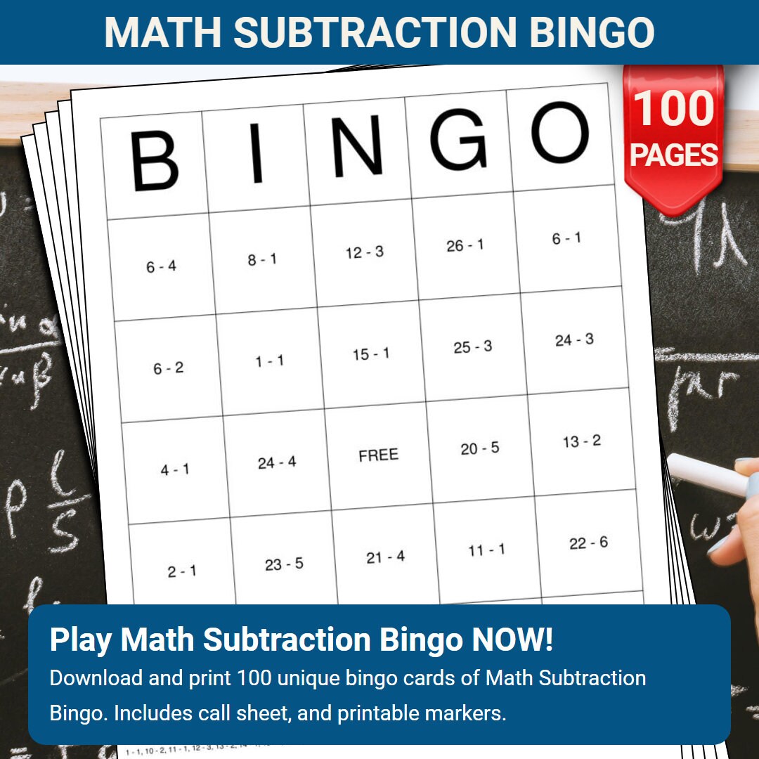 Math Subtraction Bingo Cards 100 Pages to Download and Print - Etsy