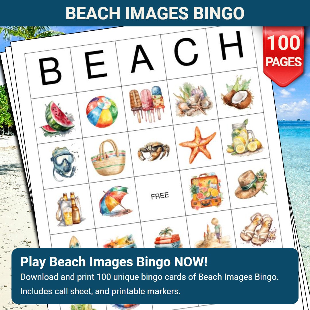 Beach Images Bingo Cards - 100 Pages to Download and Print - Etsy